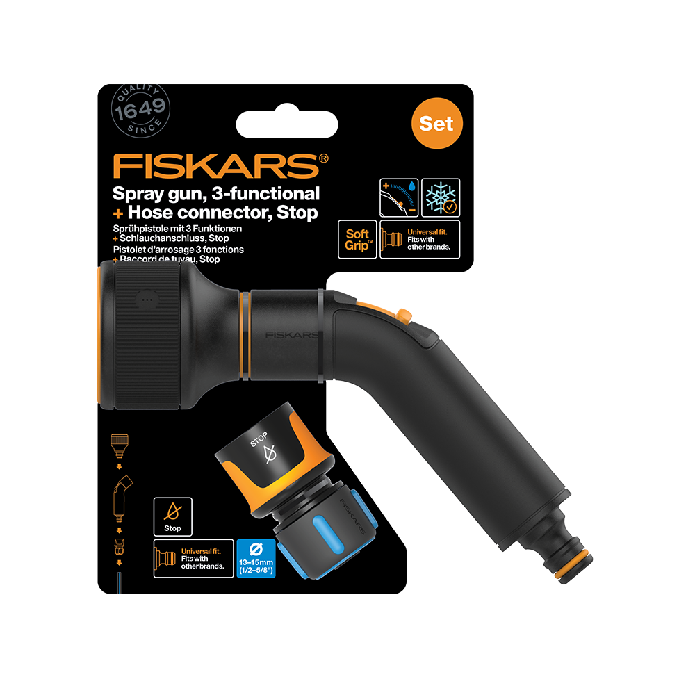 Fiskars Spray Gun, 3-functional + Hose connector, Stop - Knife & Tools